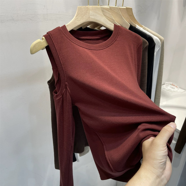 Angora red drape long-sleeved T-shirt for women ins leaky shoulder off ...