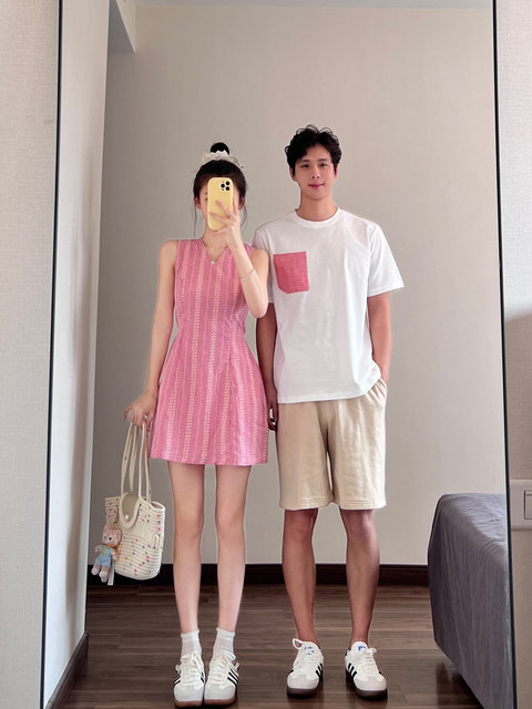 French couple outfit summer new pink sleeveless dress sweet and high ...