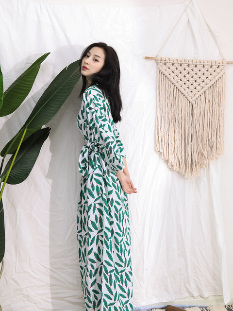 Fresh robe, leaves cotton printed dress, literary style, loose V-neck ...