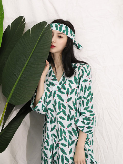 Fresh robe, leaves cotton printed dress, literary style, loose V-neck ...