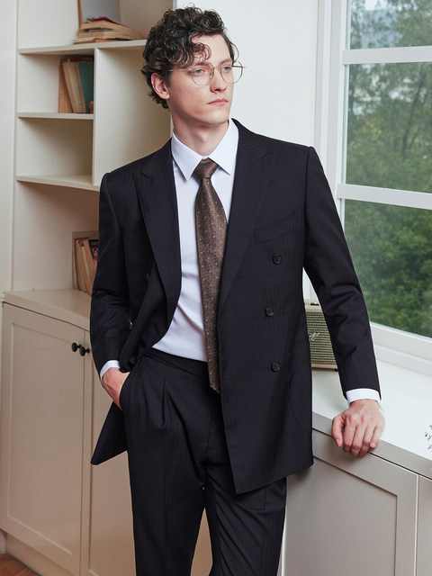 Bopin herringbone pure wool business suit men's double-breasted groom's ...