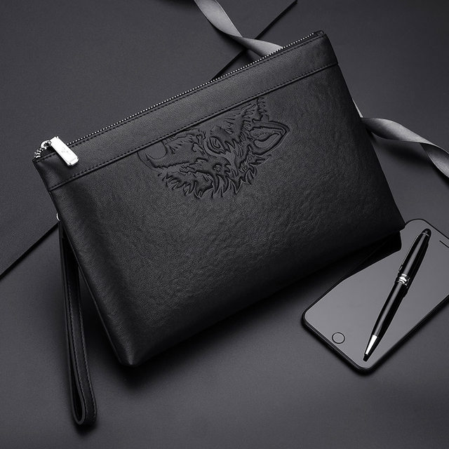 Seven wolf men's handbags, leather fabrics, tide wolf head thin hand ...