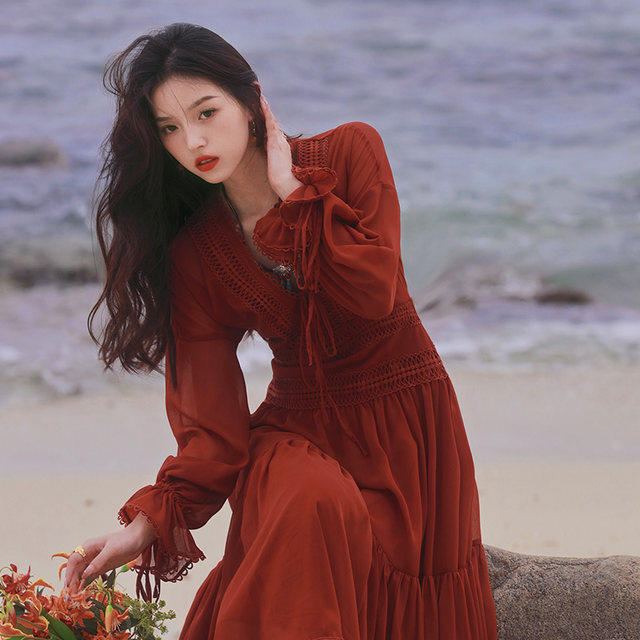 AZure French retro deep V tie dress waist lace lace dress long sleeves ...