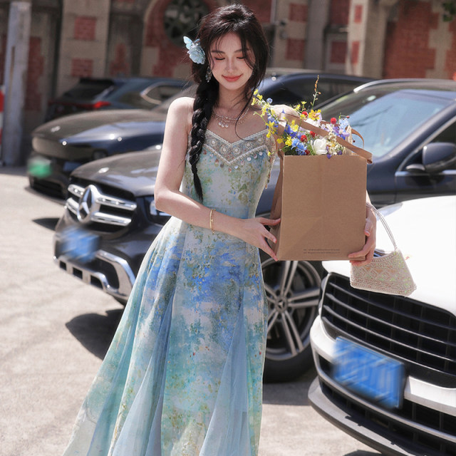 AZure lace webbing dress blue blooming printed long skirt temperament ...