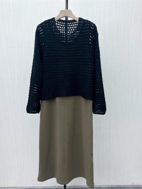 Bar 2025 spring new product dress suit women's hollow knitted blouse suspender skirt two-piece ...