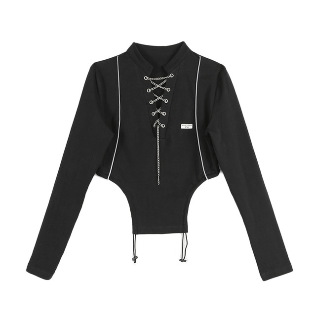 gagaopt homemade new pullover chain strap short top women leaking waist long sleeve black tight ...