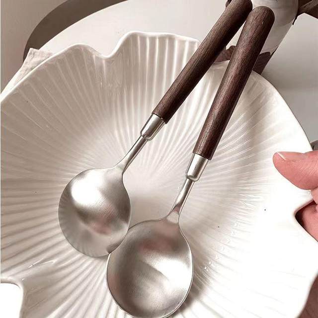 Stainless steel round spoon imitation walnut wooden handle spoon ...