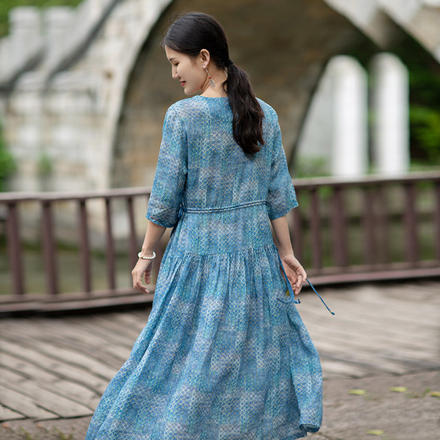 Wangcheng H081/Shui Wave Gentle/2022 summer new style 42-pin ramie polka dot printed round neck ...