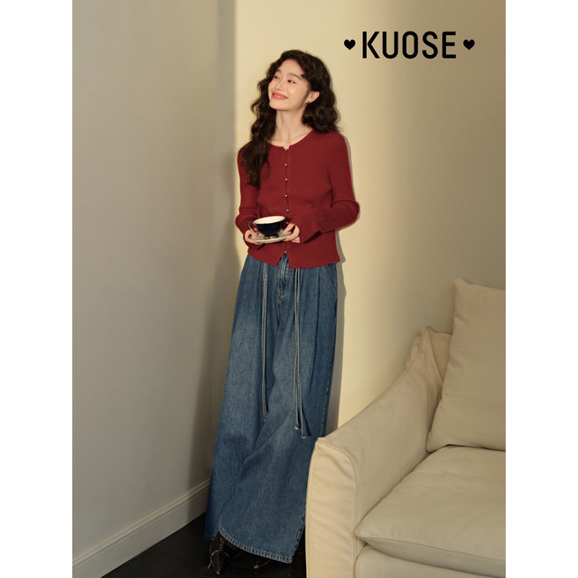 Wide -colored Anca red long -sleeved thin sweater knit sweater female ...