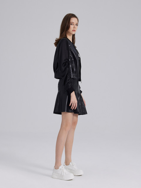 emu top PU jacket woven stitching wrinkled texture fashion leather ...