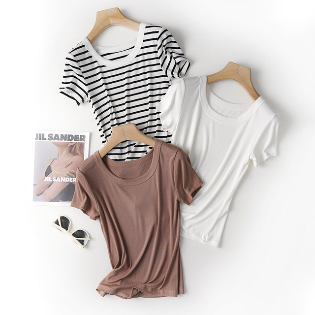 Women's Mo cotton thread slim fit T-shirt, large round neck slimming ...