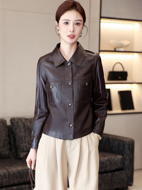 Senior sense of Haining leather leather clothing female short vegetable ...