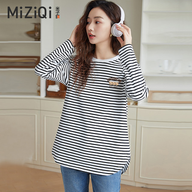 Mizi flag striped long-sleeved T-shirt women's autumn 2024 new Korean version loose versatile ...