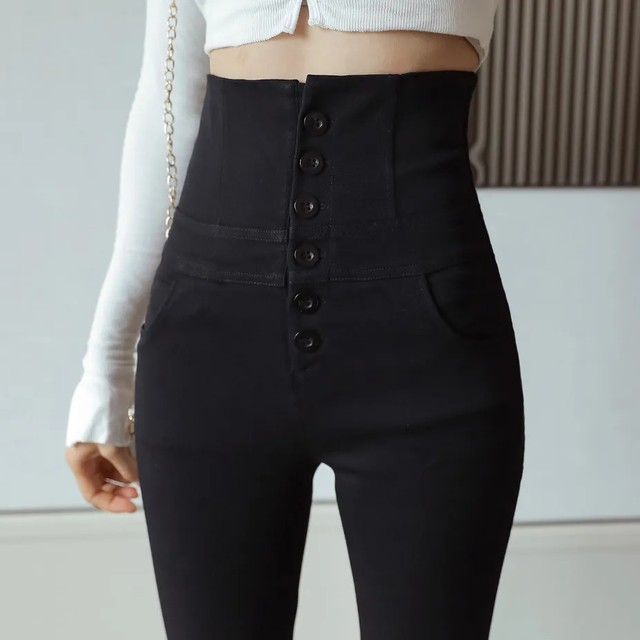 High-waisted buttoned magic pants black leggings for women with velvet ...