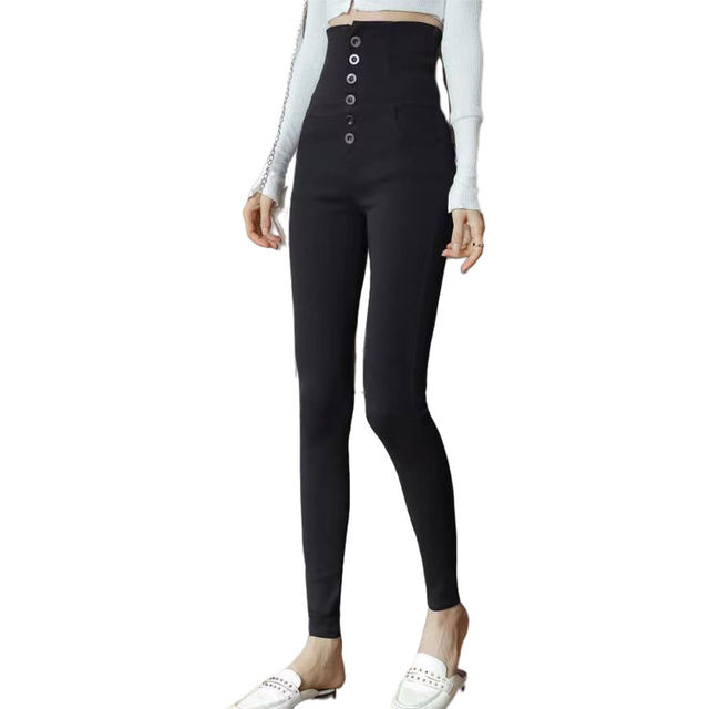 High-waisted buttoned magic pants black leggings for women with velvet ...