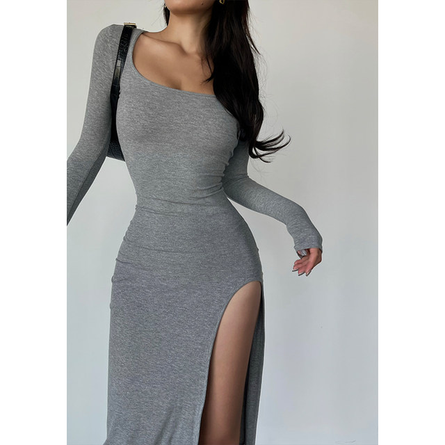Iye black long-sleeved sexy side slit knitted dress women's summer ...