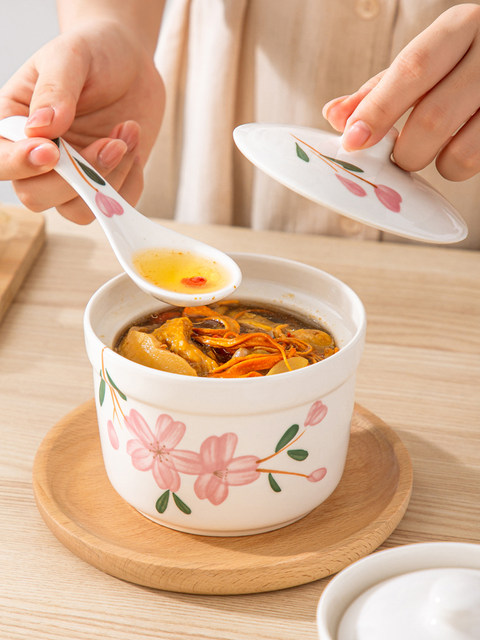 Hotel ceramic water-blocking stew pot with lid commercial stewed bird's ...