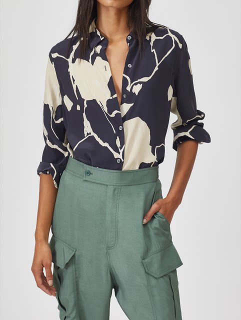Summer new EQ abstract pattern irregular printed silk satin long shirt ...