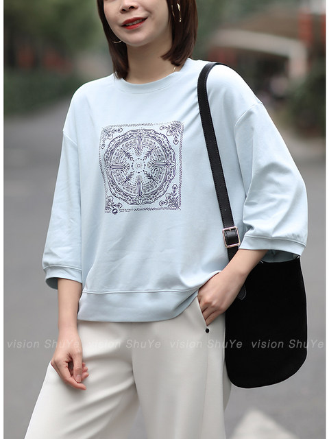 SHUYE original design sense, retro fashionable printed mid-sleeved T ...