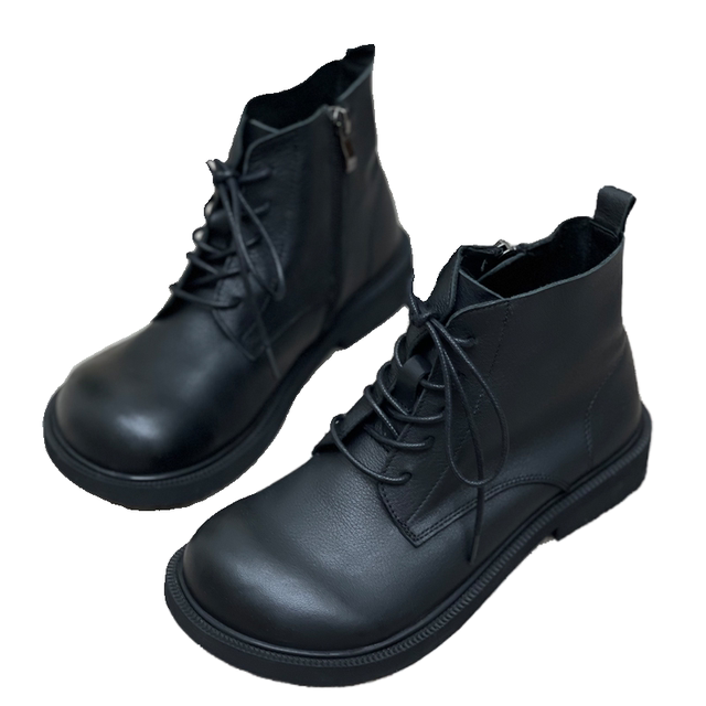 Handmade genuine leather short boots for women, retro flat-heeled ...