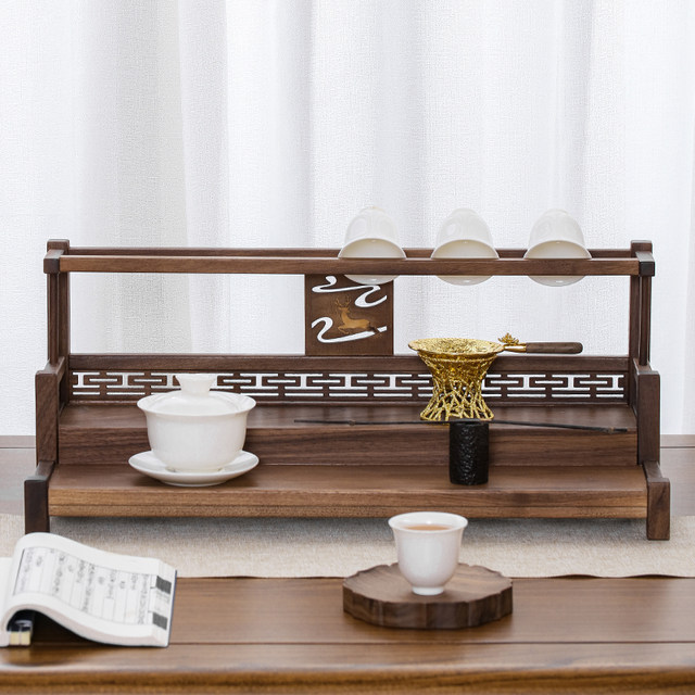 North American walnut storage rack double-layer tea set rack solid wood ...