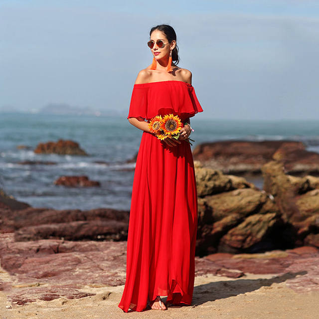 Arm-covering seaside red dress, vacation beach dress, fat red one ...