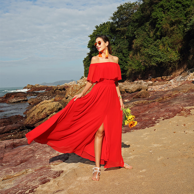 Arm-covering seaside red dress, vacation beach dress, fat red one ...