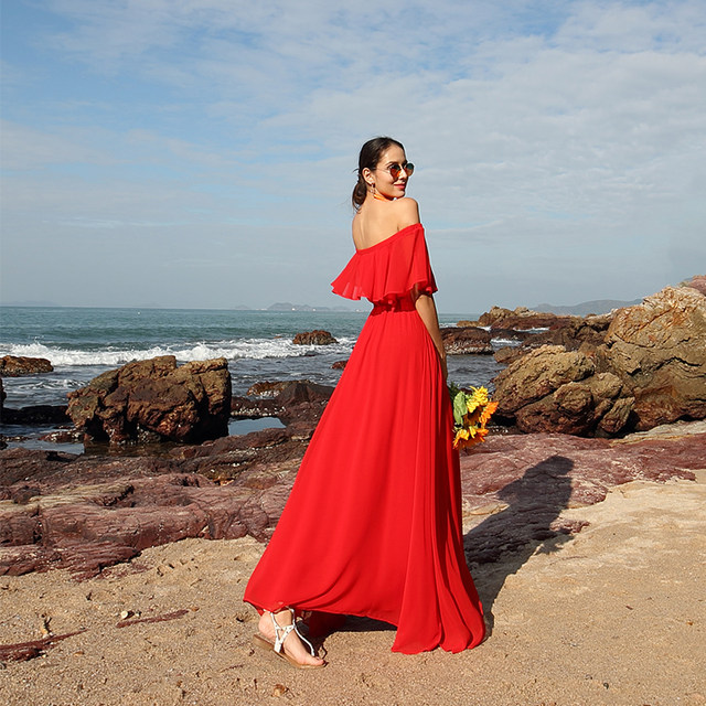 Arm-covering seaside red dress, vacation beach dress, fat red one ...