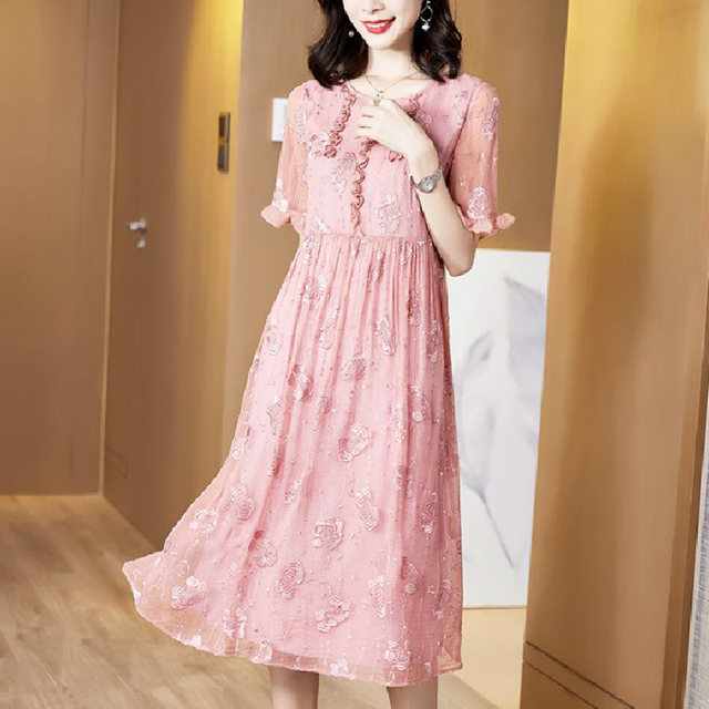 Gu Beisha French retro silk embroidery dress female summer new belt ...