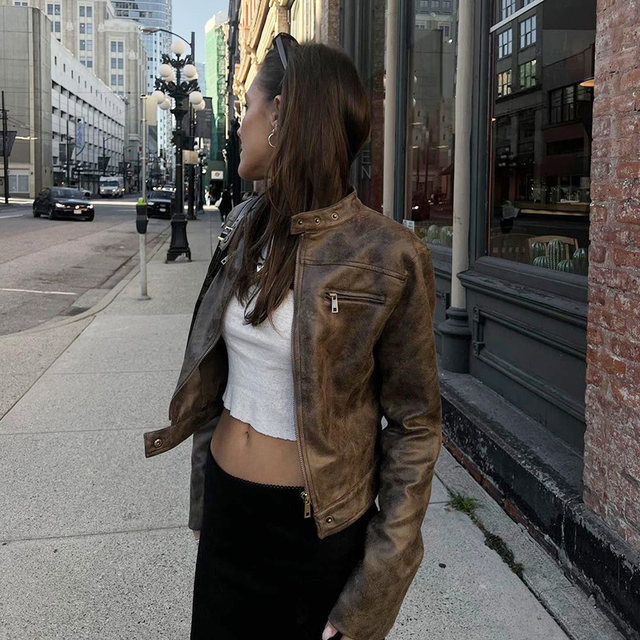American Retro Distressed Brown Short Jacket 2024 Spring New Style ...
