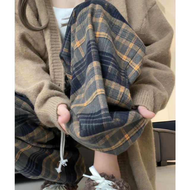 Yellow checkered pants girl spring and autumn 2024 new high -waisted ...