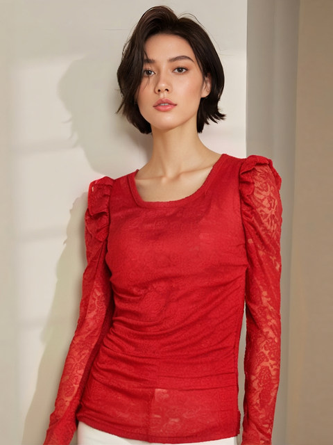 Autumn in the autumn, pure color slim sweet low round neck long ...