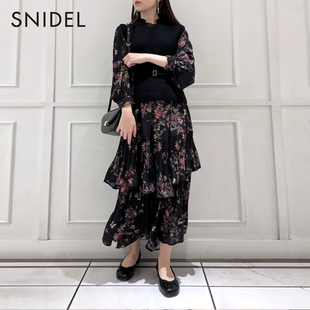 SNIDEL autumn and winter elegant lace-up knitted vest printed dress two-piece set SWNO235027