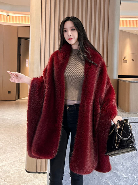 Angora red imitation fox fur large shawl warm loose cloak long outdoor ...