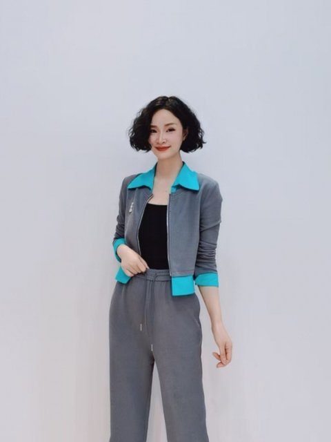 TB3 Fashion contrasting color splicing fake two-piece top casual slim wide-leg pants temperament ...