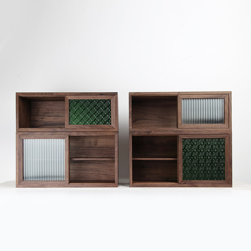 Black Walnut Japanese Storage Cabinet - Green Begonia Glass Sliding Door