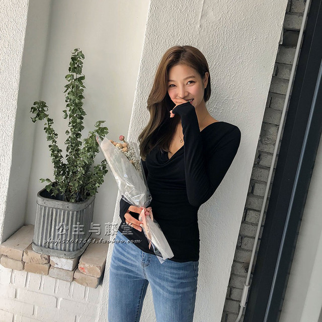 Tengdo family large size women's clothing 2019 autumn new style piled low collar versatile slim ...