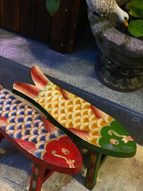 Low stool solid wood painted retro children's small fish bench ...