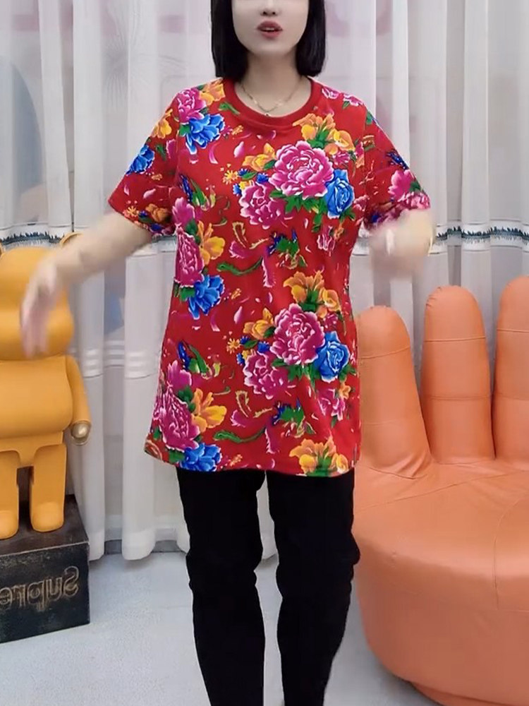 Northeastern large floral cloth ethnic style short-sleeved T-shirt ...