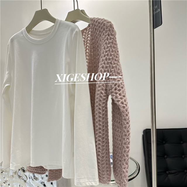 Brushed long-sleeved pure white t-shirt for women in autumn and winter ...