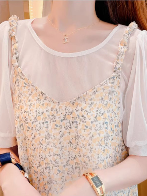 Transparent gauze suspender skirt with T-shirt inside for women summer ...