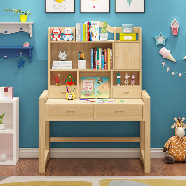 Solid wood children's study table lifting homework desk bookshelf ...