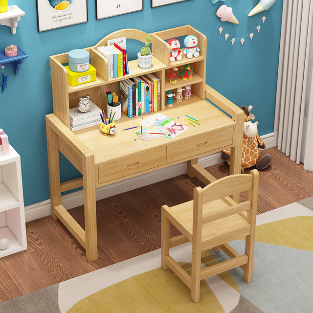 Solid wood children's study table lifting homework desk bookshelf ...