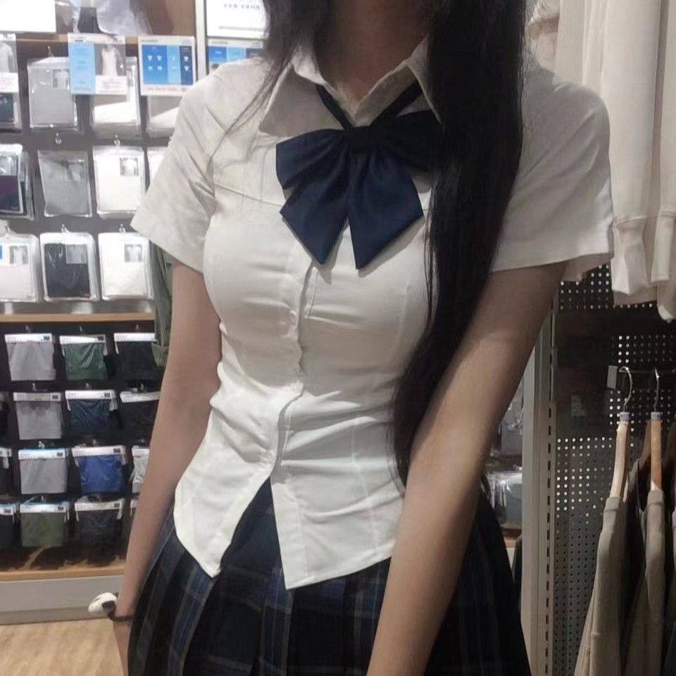 Maple Goddess Elastic Time White Tight Shirt Sexy Slim Jiu Waist Shirt Study Shirt