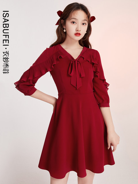 Daiya Bofi Red Fang Chiffon small red dress summer seven -point sleeve ...