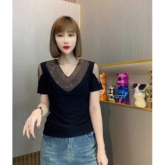 Summer dress new sexy shoulder lace short -sleeved T -shirt female ...