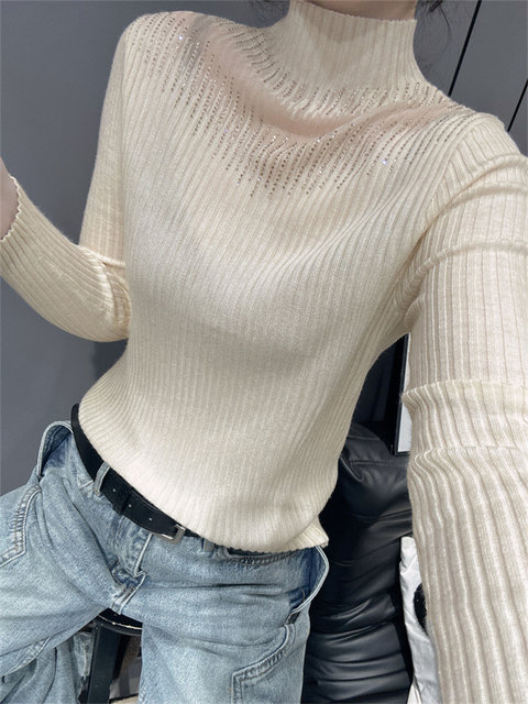 Autumn and winter style spliced mesh hollow knit sweater long-sleeved ...