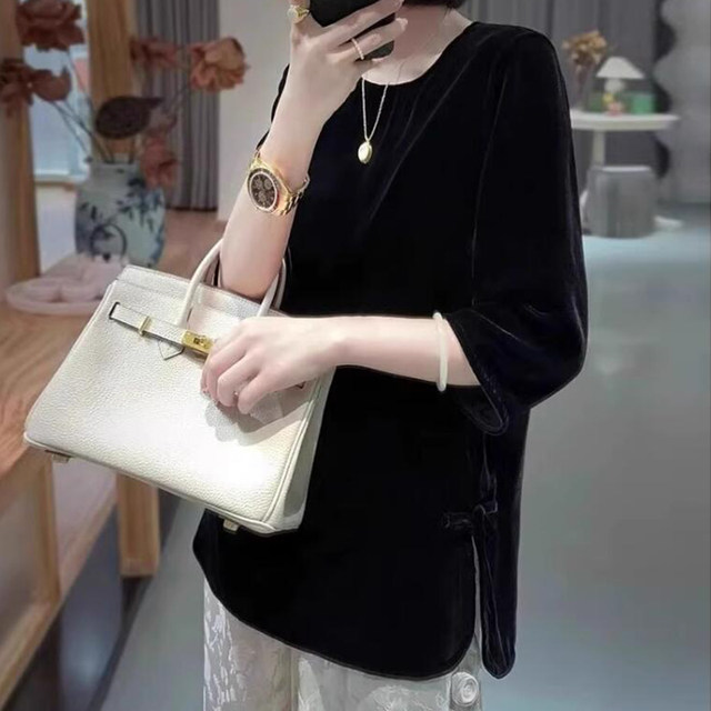 Gold velvet top new Chinese style early autumn mid-size women's loose ...