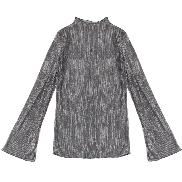 New high-neck bottoming shirt, bright silk trumpet sleeves, fungus ...