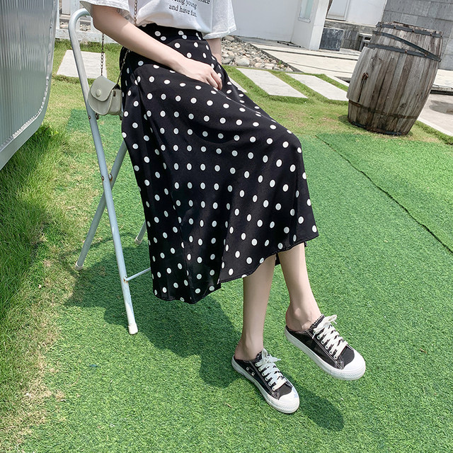Polka-dot skirt plus size fat mm chiffon a-line skirt 2024 new high-waisted little black skirt ...